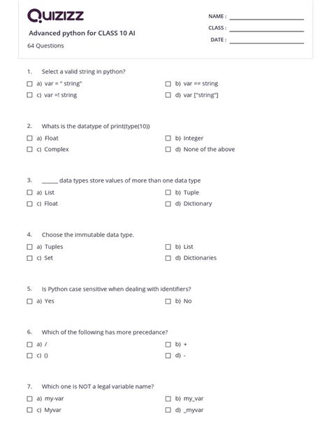 Advance Python Quiz 2 Pdf Data Type Control Flow