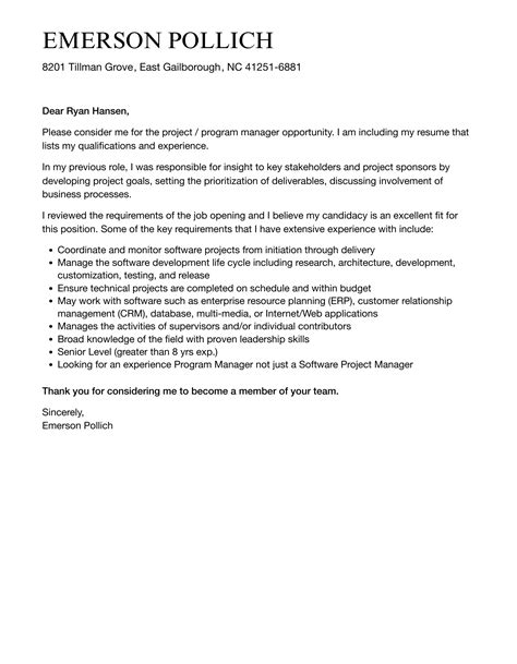 Project Program Manager Cover Letter Velvet Jobs
