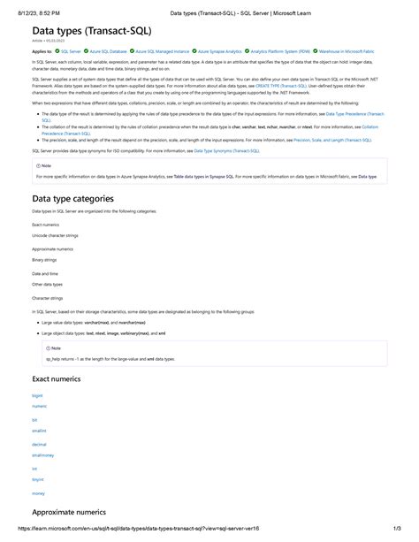 cơ sở dữ liệu bt - 8/12/23, 8:52 PM Data types (Transact-SQL) - SQL Server | Microsoft Learn ...