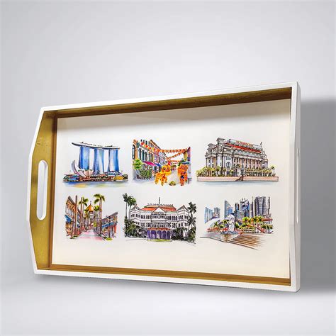 Singapore Themed White Lacquer Tray Iconic Sights Silk Walk