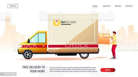 배달 서비스 온라인 주문 트럭 운송을 위한 웹 페이지 디자인 큰 상자와 배달 트럭을 가진 배달 배달에 대한 스톡 벡터 아트 및