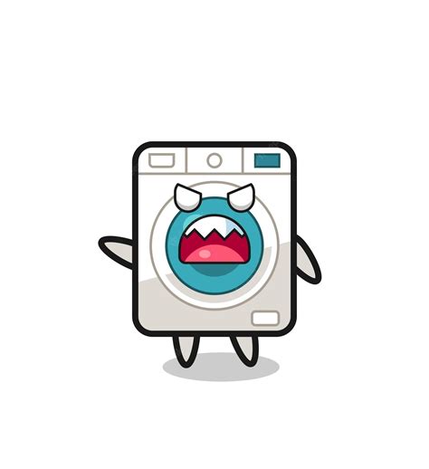 매우 화난 포즈의 귀여운 세탁기 만화 프리미엄 벡터
