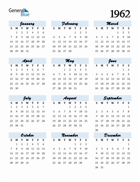 Free 1962 Calendars In Pdf Word Excel