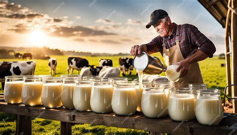 Farmer Pouring Raw Milk Into Container And Milking Raw Milk From Cows