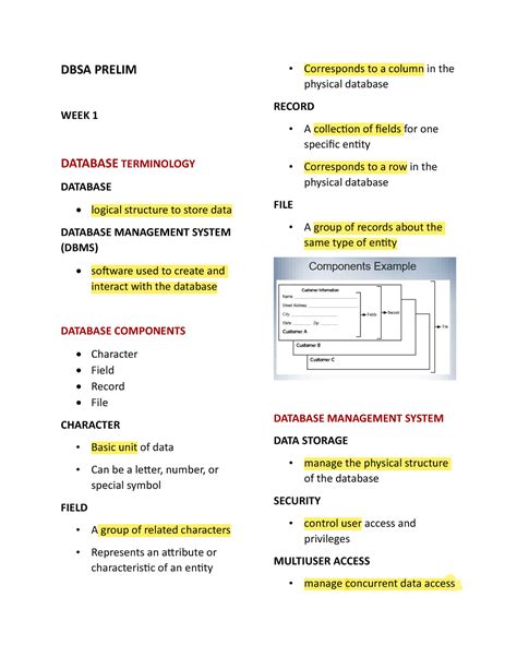DBSA Prelim Reviewer DBSA PRELIM WEEK DATABASE TERMINOLOGY DATABASE Logical Structure To