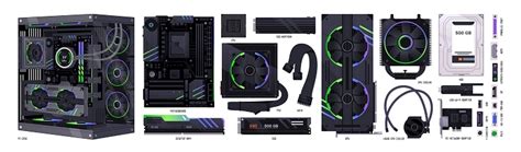 데스크톱 컴퓨터 하드웨어 구성 요소 집합입니다 Pc 장비 드라이브 다양한 Usb 오디오 비디오 포트 Hdd Ssd 카드 마더보드 Cpu 쿨러 흰색 배경에 평평한 고립 된