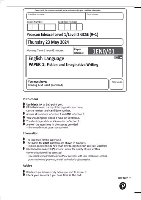 2024 Pearson Edexcel Level 1 Level 2 Gcse 9 1 In English Language 1en0 Paper 1 Fiction And