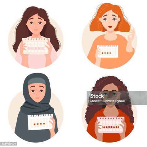 소녀는 달력을 본다 손에 여성 생리 주기 달력다른 민족 아름다운 여자의 세트 벡터 그림입니다 여성 건강 개념 건강관리와 의술에 대한 스톡 벡터 아트 및 기타 이미지 Istock