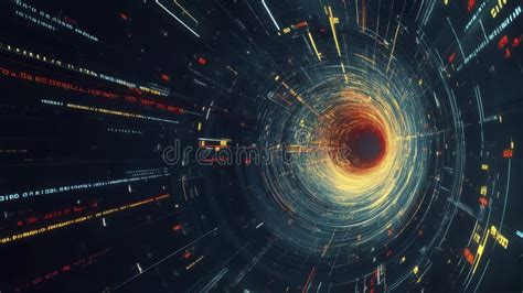 futuristic digital tunnel with vibrant lines and binary code stock
