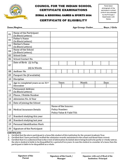 Zonal And Regional Eligibility Form Cisce Games And Sports 2024 Pdf