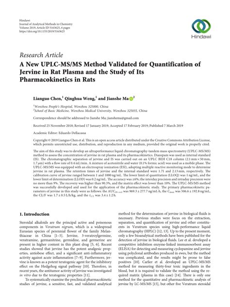 Pdf A New Uplc Msms Method Validated For Quantification Of Jervine In Rat Plasma And The
