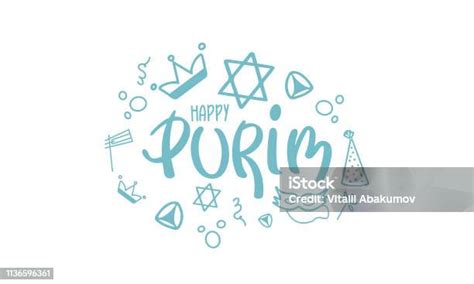 행복 한 푸 림 전통적인 유대인 종교 휴일 가장 무도회와 축제에 의해 진동 요소 집합 다윗의 별 마스크 장난감 쿠키 및 기타 장식 벡터 손으로 그린 그림 부림절에 대한 스톡