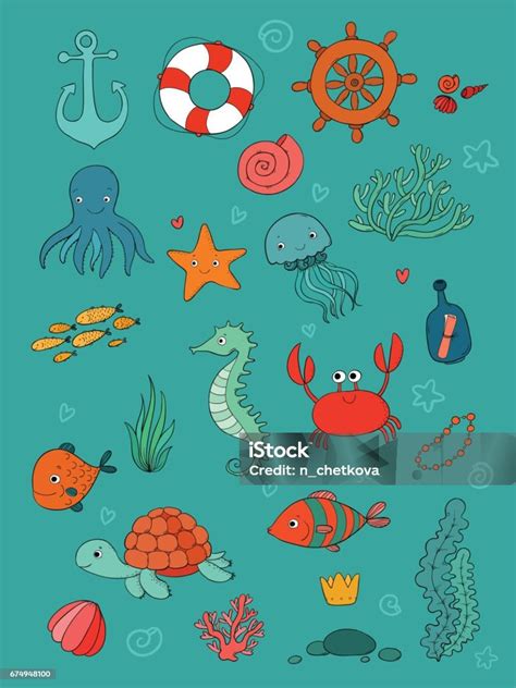 해양 그림을 설정합니다 작은 귀여운 만화 재미 있는 물고기 불가사리 메모 조류와 함께 병 다양 한 조개와 게 바다 테마입니다