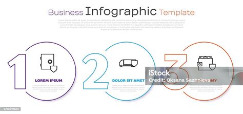 방패가 있는 안전 라인 방패가 있는 배송 화물 트럭 방패가 있는 지갑과 돈을 설정합니다 비즈니스 인포그래픽 템플릿입니다 벡터 교통수단에 대한 스톡 벡터 아트 및 기타 이미지