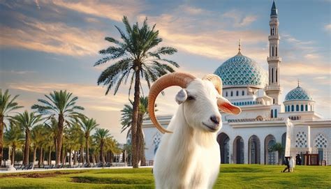 Bakri Eid Goat And Scenic Mosque With Palm Trees Premium Ai Generated Image