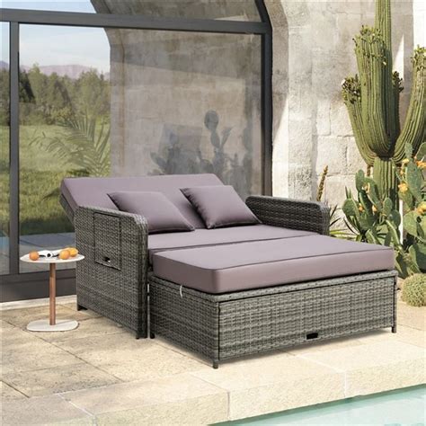 Costway Patio Rattan Loveseat Daybed W Storage And Gray Cushion Rona
