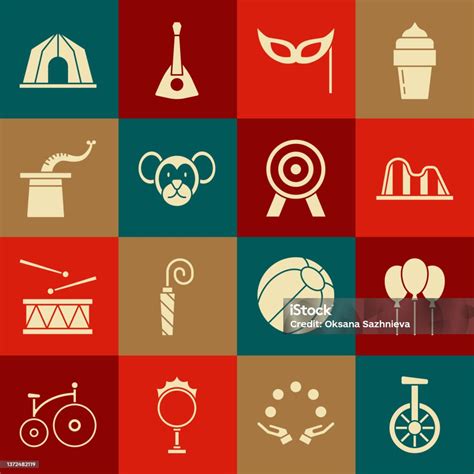 외발 자전거 또는 하나의 바퀴 자전거 리본풍선 롤러 코스터 축제 마스크 원숭이 마술사 모자 서커스 텐트 및 대상 아이콘을 설정합니다 벡터 1에 대한 스톡 벡터 아트 및 기타