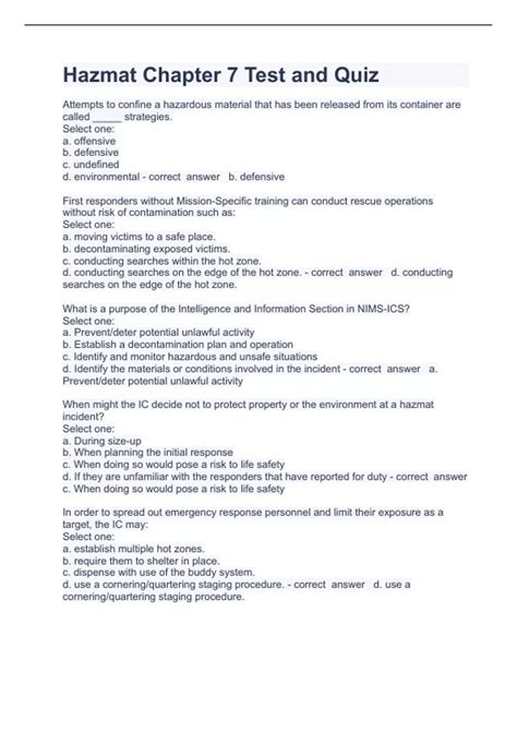 Hazmat Chapter 7 Test And Quiz Question And Answers Rated A 2023 2024 Hazmat Stuvia Us