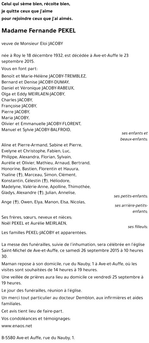 Avis De Décès De Fernande Pekel Décédé Le 23 09 2015 à Ave Et Auffe