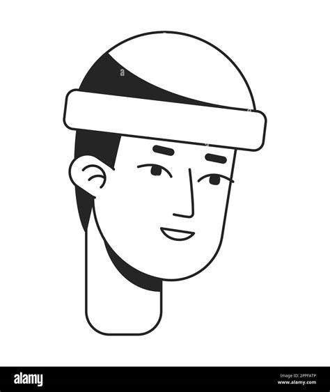 Contented Man With Crochet Hat Flat Line Monochromatic Vector Character Head Stock Vector Image