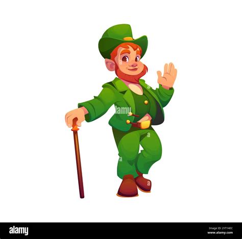 Cartoon Irish Leprechaun Man Character In Green Outfit Holding A Cane