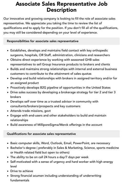 Associate Sales Representative Job Description Velvet Jobs