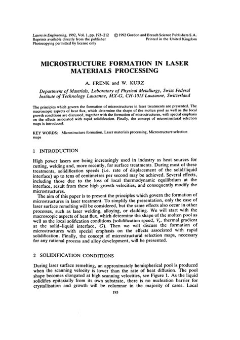 Pdf Microstructure Formation In Laser Materials Processing