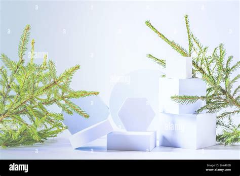 Christmas Composition With Fir Tree And Empty Podiums Soft Selective Focus Winter Festive