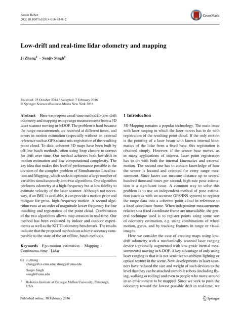 Pdf Low Drift And Real Time Lidar Odometry And Mapping