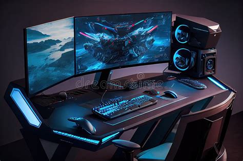 Video Gaming Desk With Large Monitor And Keyboard Mouse And Headset