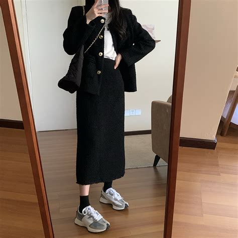 조이얼랏 트위드 단정한 아이보리화이트블랙 자켓 롱스커트 치마 230282 76