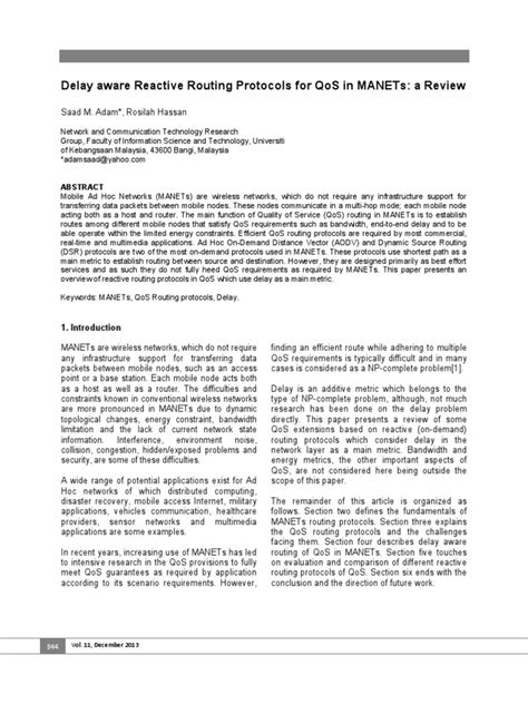 Delay Aware Reactive Routing Protocols For Qos In Manets A Review Pdf