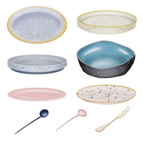 세라믹 접시 세트 디저트 숟가락과 포크 그림 접시 클립 아트 프리미엄 벡터