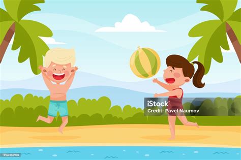 행복 소년과 소녀 바다 놀이 공 즐긴다 해변 휴가 벡터 일러스트 레이 션 개념에 대한 스톡 벡터 아트 및 기타 이미지 개념 계절 관광 리조트 Istock
