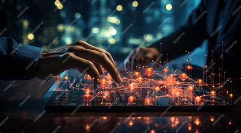 Premium Ai Image Hands Typing On A Laptop With Blue Dots On An Screen