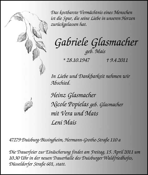 Traueranzeigen Von Gabriele Glasmacher Trauer In Nrwde