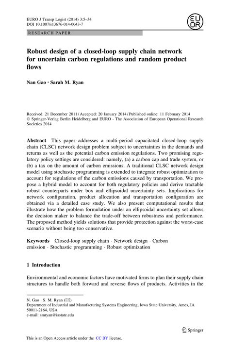 Pdf Robust Design Of A Closed Loop Supply Chain Network For Uncertain Carbon Regulations And