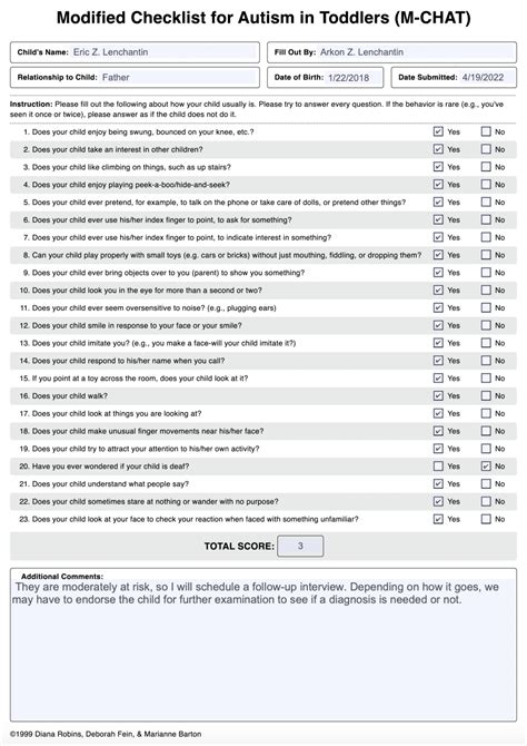 Modified Checklist for Autism in Toddlers (M-CHAT) & Example