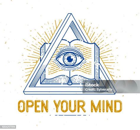 신성한 기하학적 삼각형 통찰력과 깨달음 벽돌 또는 일루미나티 기호 벡터 로고 또는 엠블럼 디자인 요소에서 하나님의 눈을 모두 보는 비밀 지식 빈티지 오픈 북 미스터리에 대한