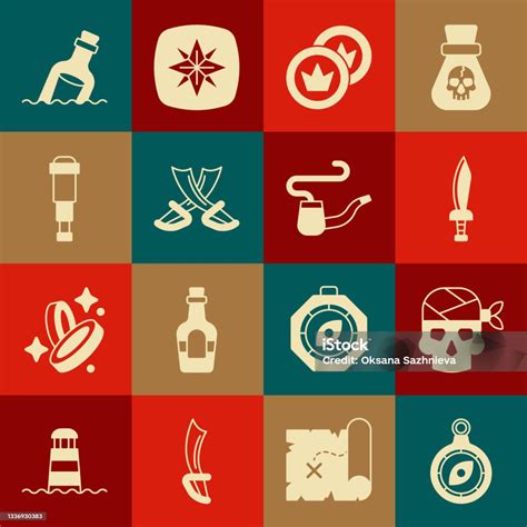 설정 나침반 해적 선장 칼 동전 크로스 해적 칼 스파이 글래스 망원경 렌즈 메시지 물과 흡연 파이프 아이콘 병 벡터 가방에 대한