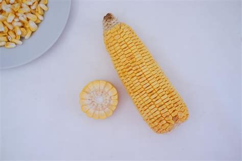 Maíz En La Mazorca Y Granos De Maíz En Un Plato Blanco Sobre Un Fondo Blanco Foto Premium