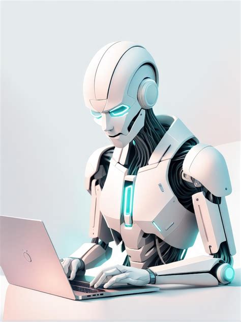 3d Rendering Futuristic Robot Working On Computer In Office Artificial
