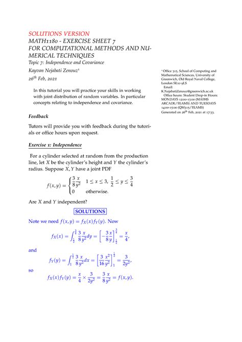 Exercises 7 Solution Solutions Version Math 1180 Exercise Sheet 7