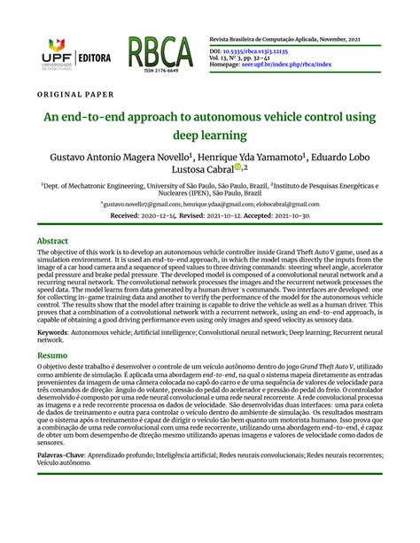 Pdf An End To End Approach To Autonomous Vehicle Control Using Deep Learning