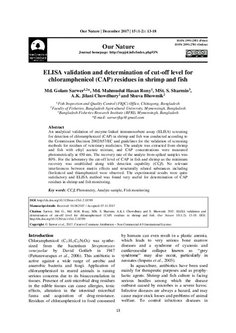 Pdf Elisa Validation And Determination Of Cut Off Level For Chloramphenicol Cap Residues In