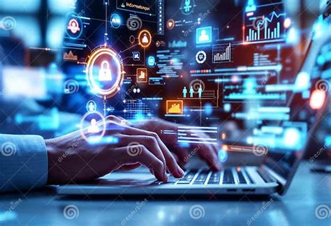 Futuristic Workspace With Holographic Data Visualizations And Hands Typing Stock Illustration