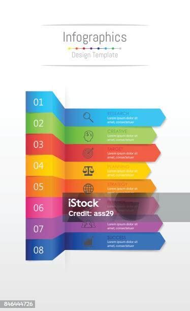 Infographic 8 옵션 부품 단계 일정 또는 프로세스 스티커 메모 종이 개념 비즈니스 데이터에 대 한 요소를 디자인 합니다 벡터 일러스트입니다 8 9 살에 대한 스톡
