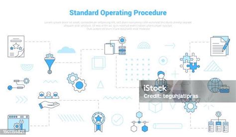Sop 표준 운영 절차 개념 아이콘 세트 템플릿 배너 현대 블루 색상 스타일 작동하기에 대한 스톡 벡터 아트 및 기타 이미지