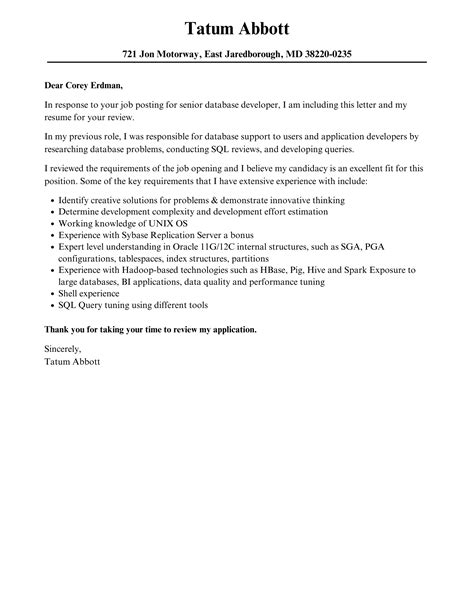 Senior Database Developer Cover Letter Velvet Jobs