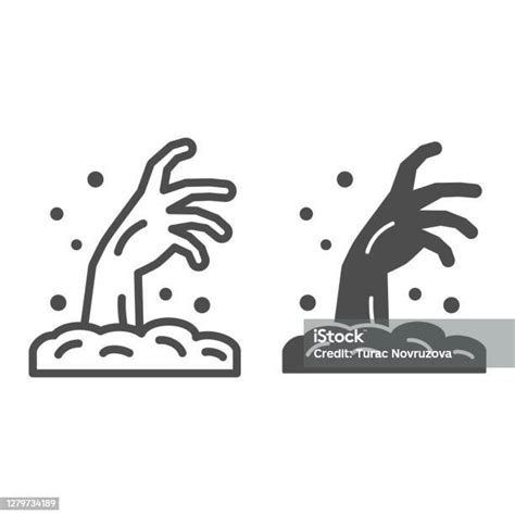 좀비 핸드 라인과 단단한 아이콘 할로윈 개념 흰색 배경에 지상 기호에 손 좀비 손 모바일 개념 및 웹 디자인에 대한 윤곽 스타일에서 지상 아이콘에서 상승 벡터 그래픽 좀비에